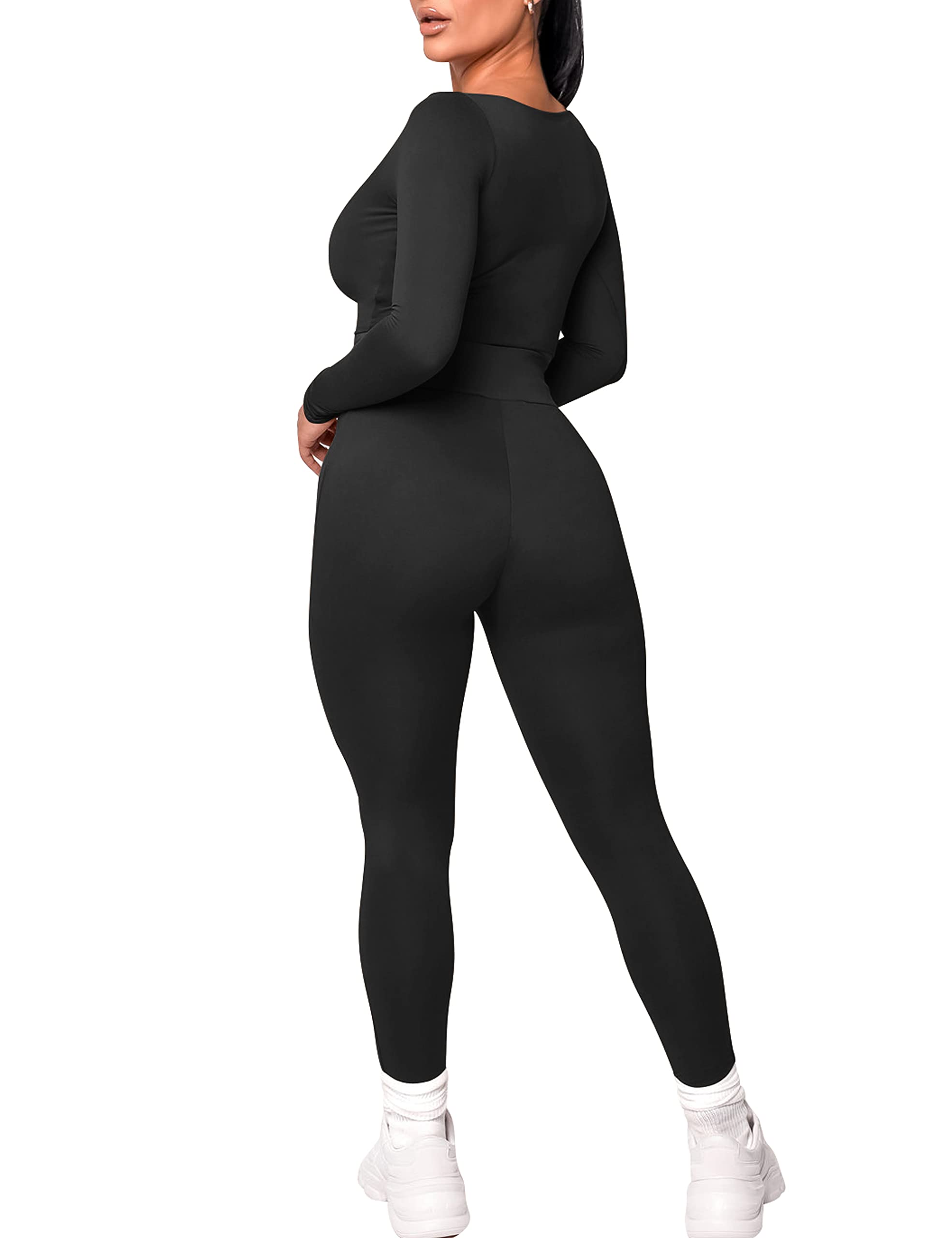 Kaximil Women's Workout Tracksuit 2 Piece Outfits Long Sleeve Crop Top Legging Pants Matching Sets, Medium, Black