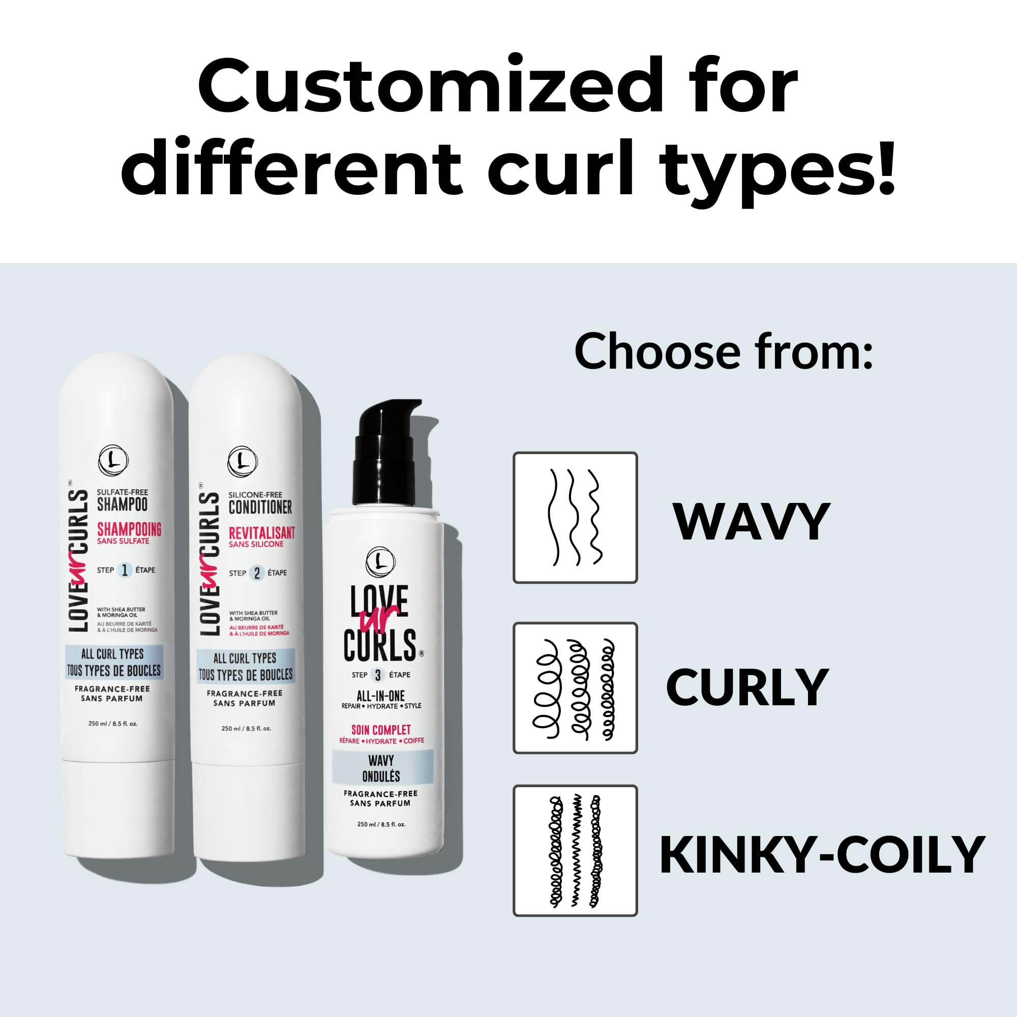 LUS (Love Ur Self) Fragrance-Free 3-Step System Shampoo and Conditioner Set with All-in-One Styler for Wavy Hair Nongreasy & Moisturizing - 8.5oz each