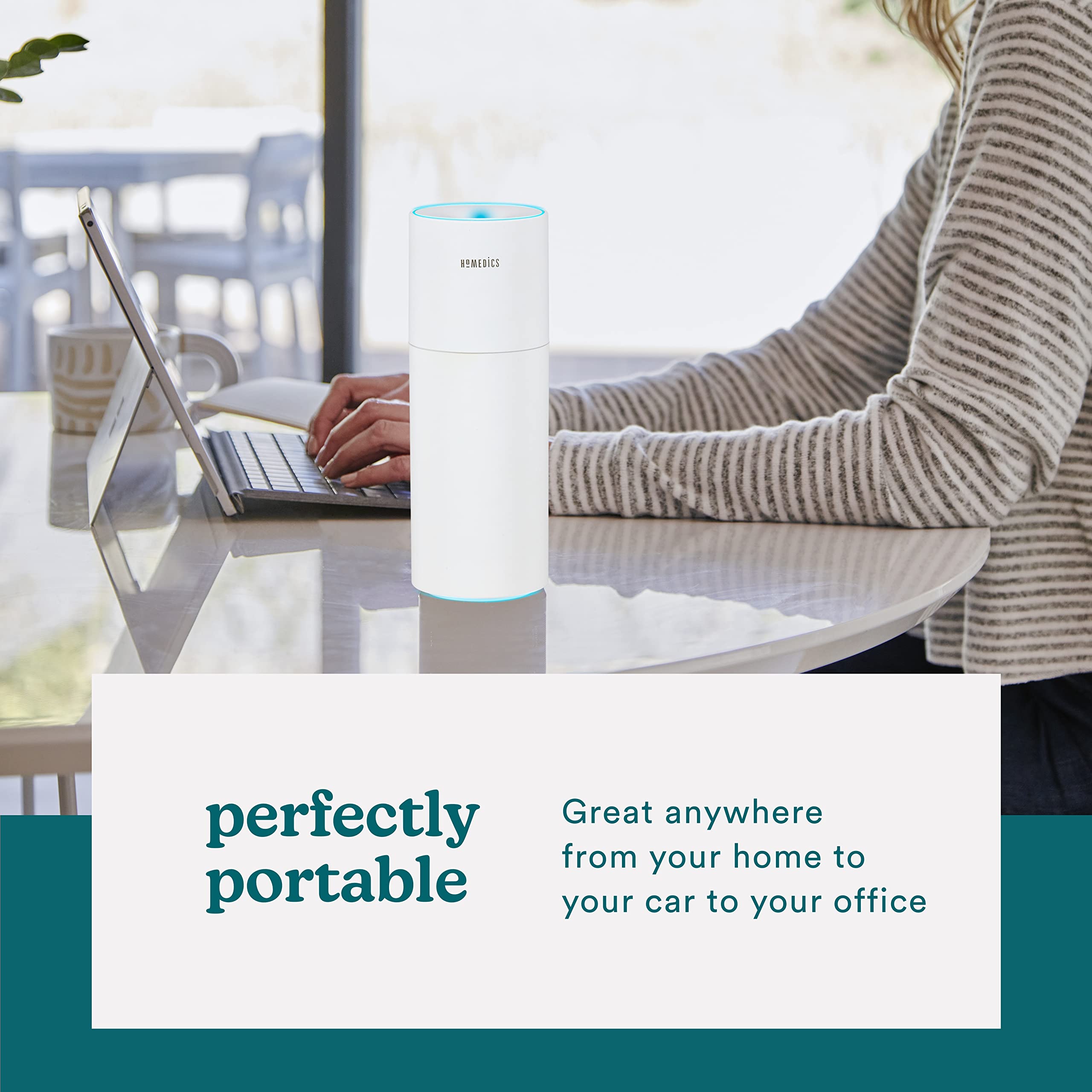 Homedics Portable Humidifier - Small Air Humidifiers for Bedroom, Plants, Office, Travel - Cool Mist Humidifiers, Color-Changing Accent Light, 2 Mist Settings, White