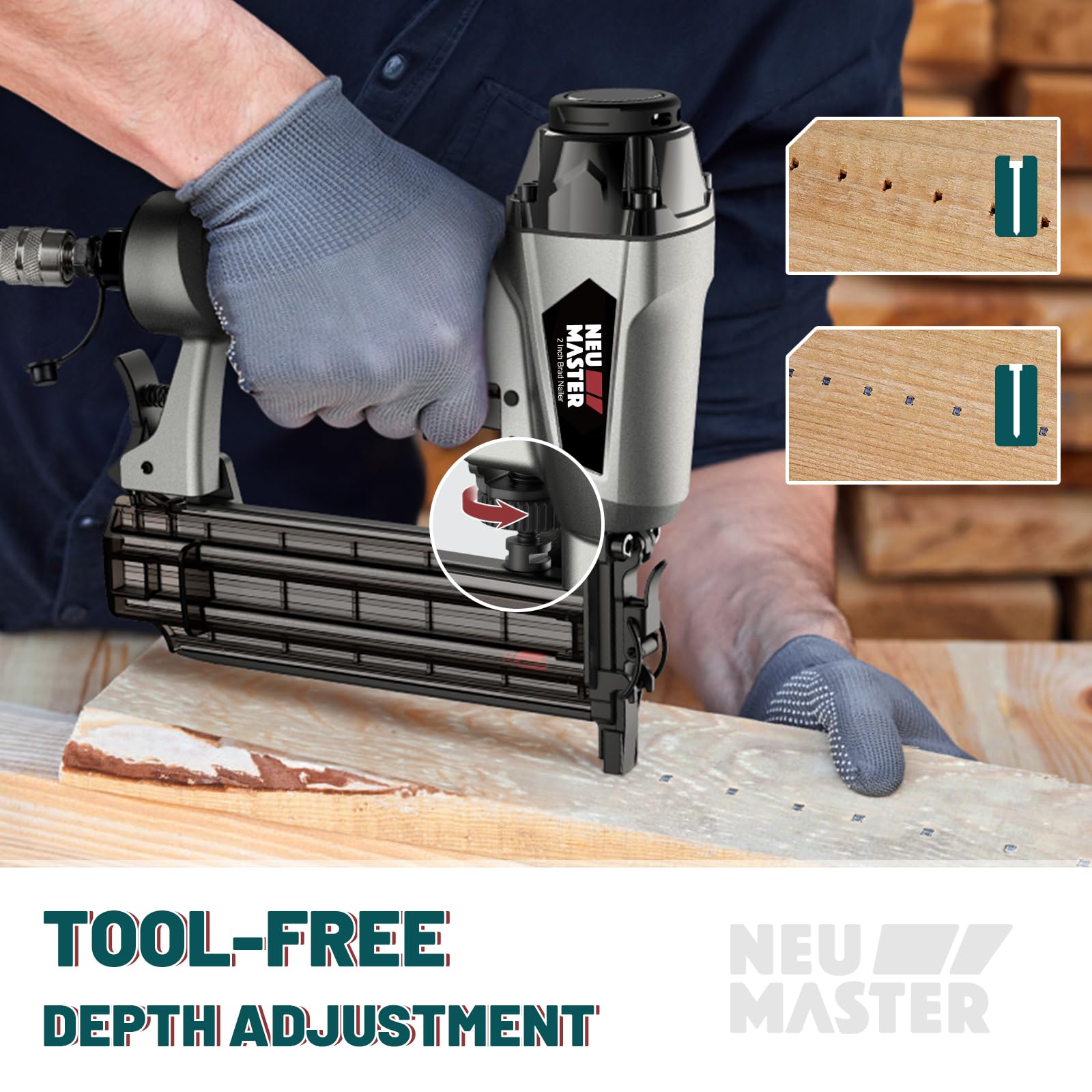 NEU MASTER Pneumatic Brad Nailer, 18 Gauge Nail Gun Fires 5/8-Inch to 2-Inch Brad Nails with Carrying Case, Safety Glasses, 800pcs Nails