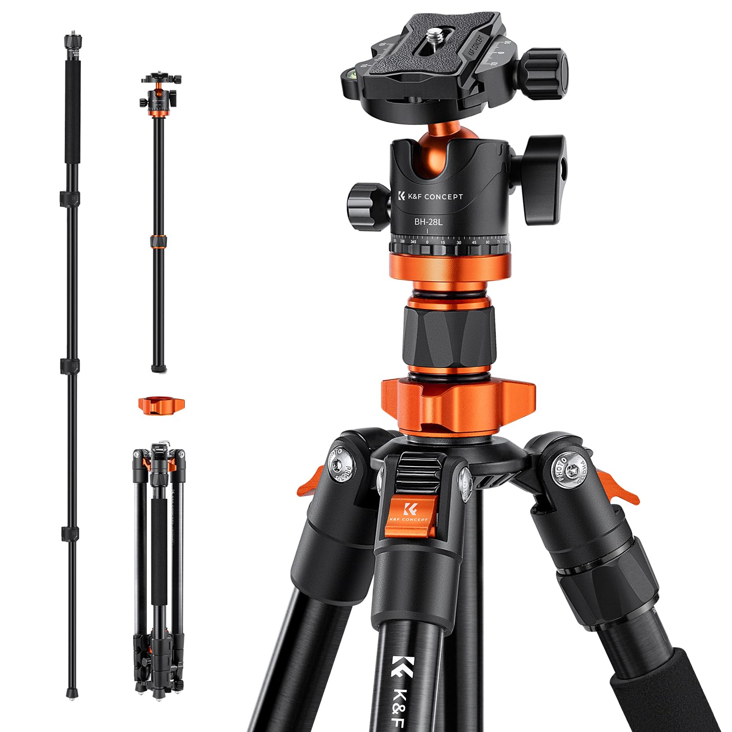 K&F Concept 62 inch DSLR Camera Tripod,Lightweight and Compact Aluminum Detachable Monopod Tripod with 360 Panorama Ball Head Quick Release Plate for Travel and Work K254A1+BH-28L (SA254M1)