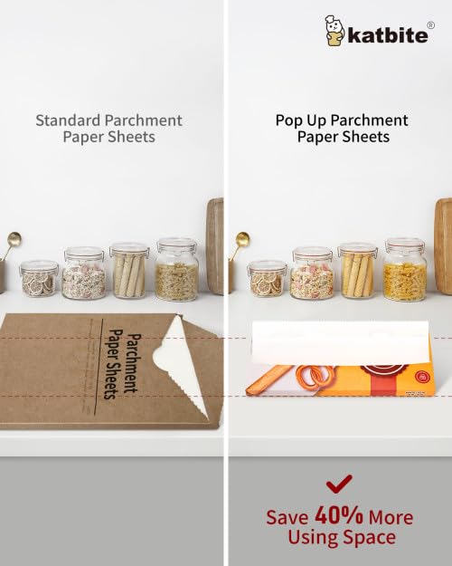 Katbite 135 Pcs 10x15 Inch Pop-Up Parchment Paper Sheets, Pre-cut Compact Volume Pop-Up Parchment Paper for Baking Heavy Duty & Non-stick, Pop-Up Paper Dispenser Box for Kitchen Cooking Space-saving