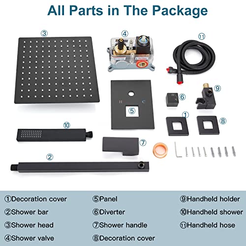 Midanya Matte Black Rain Shower System 10 Inch Square Rainfall Shower Head Wall Mount Shower Faucet Set with Hand Sprayer Rough-in Valve Trim Kit Bathroom Mixer Shower Combo Set