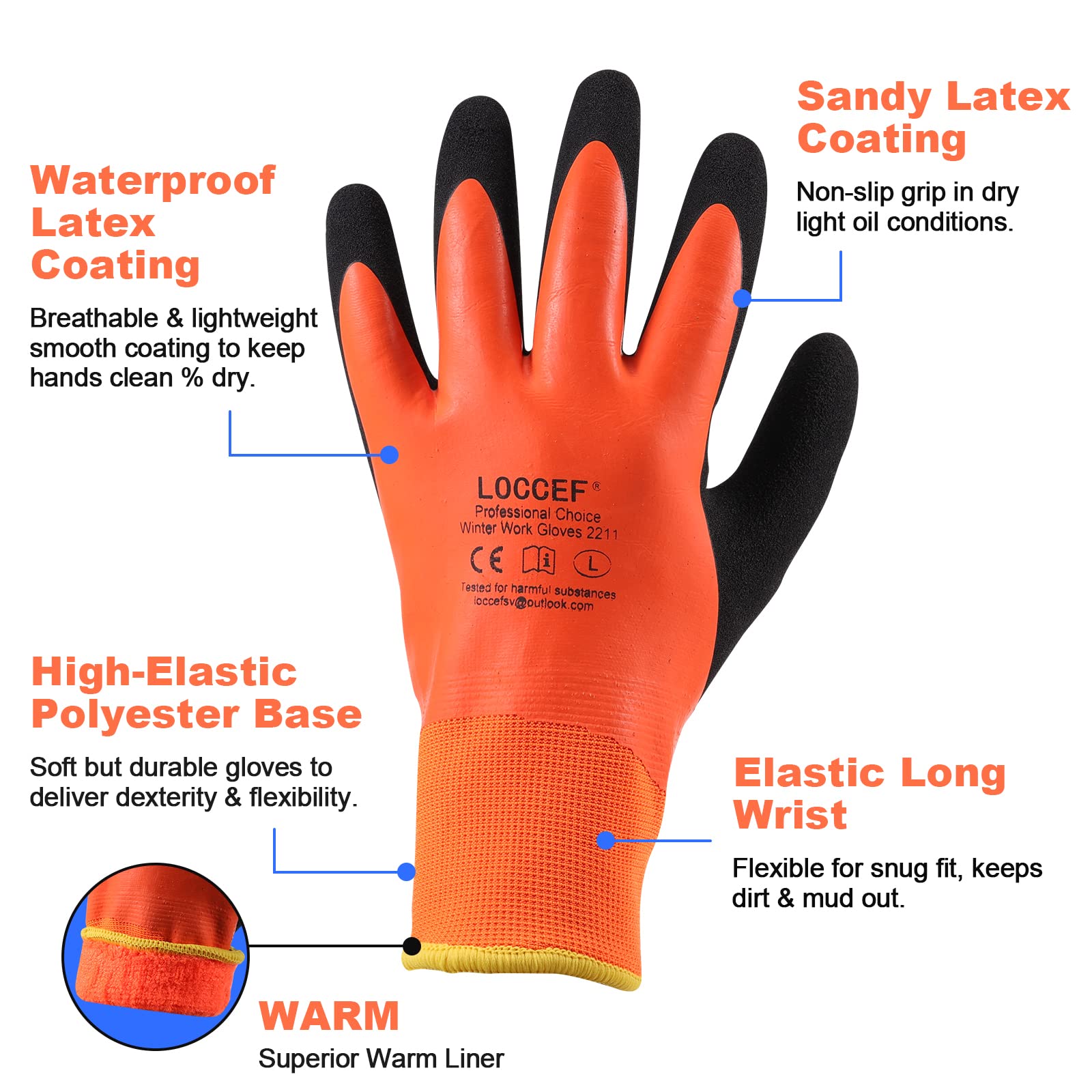 LOCCEF 2 Pairs 100% Waterproof Winter Gloves,Winter Work Gloves Thermal Liner Grip Coating Warm,Thermal Insulated,Super Grip(L)