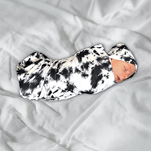 Maternity Robe and Matching Baby Set 3 in 1 - Mom Loungewear with Pockets, Swaddle Blanket, Hat White & Black (L/XL 8-16)