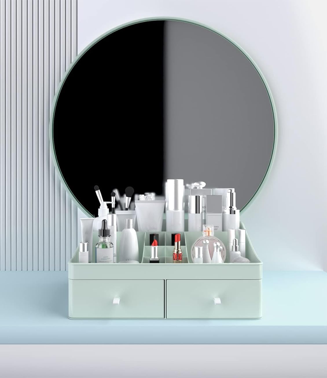 Makeup Organizer, Cosmetic Desk Storage Box with Drawers Skincare Organizers for Dressing Table, Countertop, Bathroom Counter, Vanity Holder for Brushes, Lotions, Lipstick, Perfume (White Large)