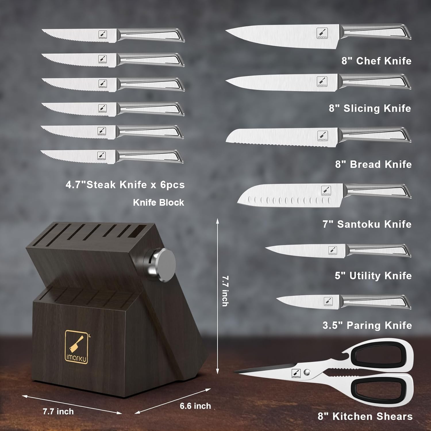 Knife Sets for Kitchen with Block imarku G14 Japanese Knife Set Stainless Steel Kitchen with Block 14pcs, Built-in Sharpener, Sharp Knife Block Set with Non-slip Ergonomic Handles - Dishwasher Safe