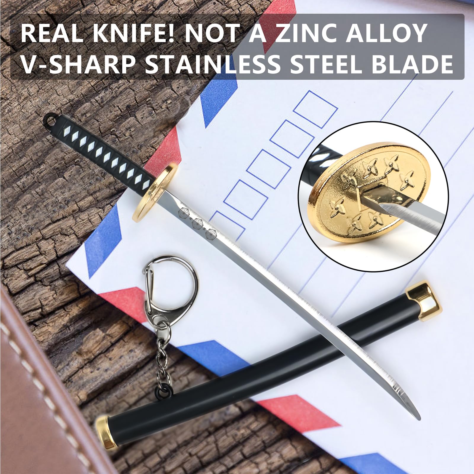 SHARP CASTLE Mini Japanese Katana, 5.7 inches Ultra Sharp Stainless Steel Knife with Scabbard, Anime Katana Keychain, Utility Knife Cutter, Handmade, Craft Use - Black(GT01.BK)