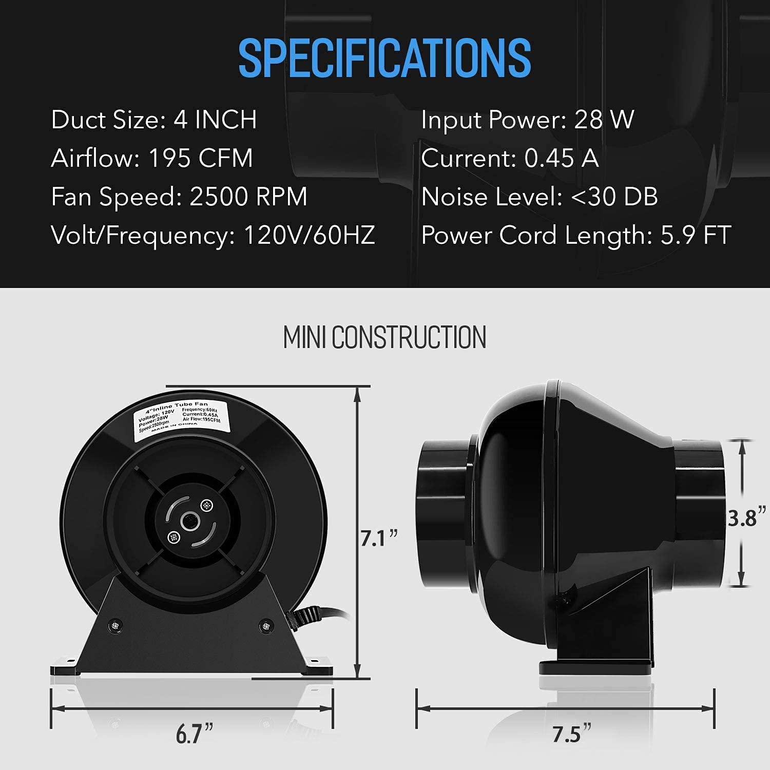iPower 4 Inch 195 CFM Inline Fan Circulation Vent Blower, Air Carbon Filter, 8 Feet Ducting and 1-Pair Rope Combo for Grow Tent Ventilation, Low noise
