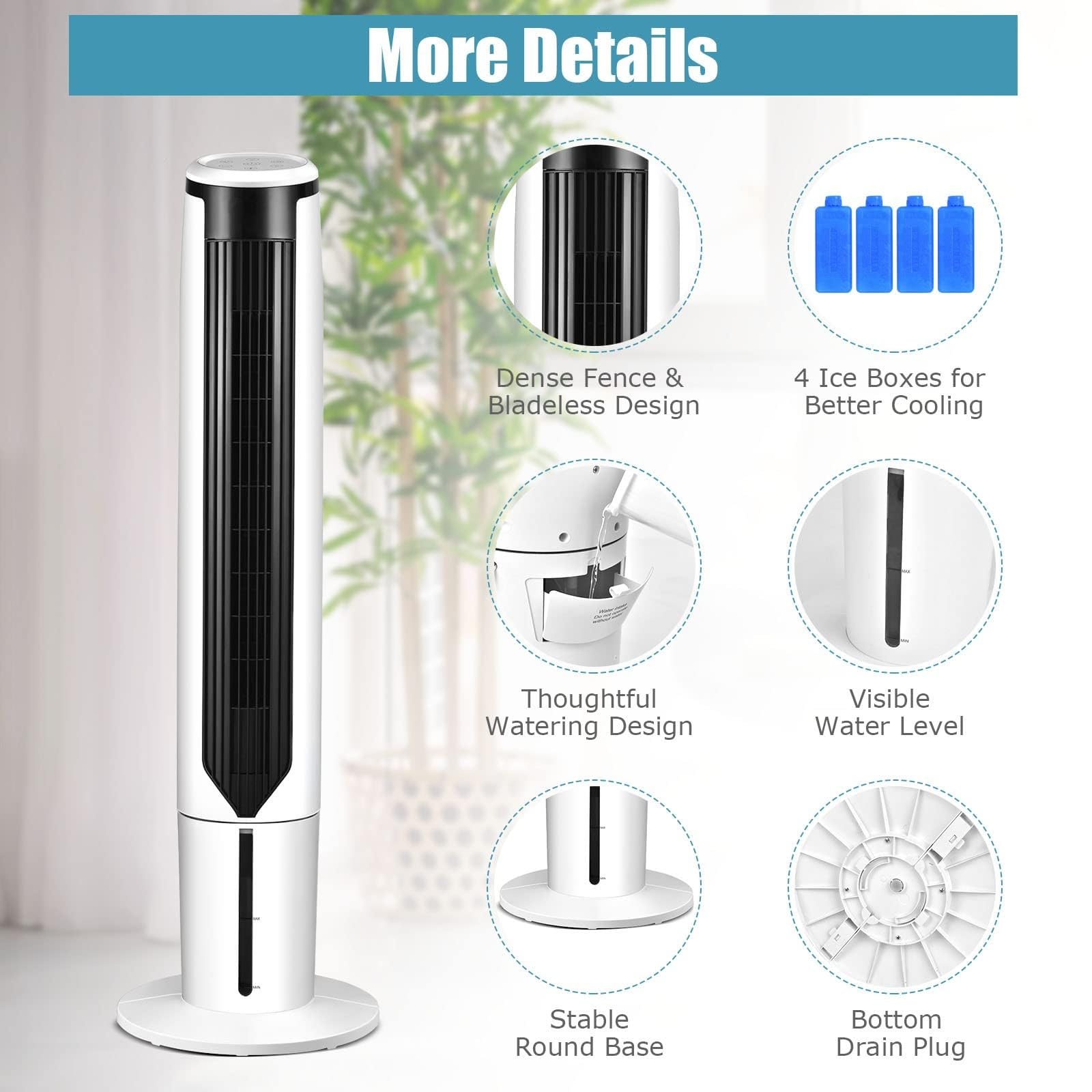 KOTEK 3 in 1 Evaporative Air Cooler, 41” Portable Cooling Tower Fan w/ 70°Oscillation, 4 Ice Packs & Water Tank, 3 Speeds & Cooling Modes, LED Display, 9H Timer, Remote Control for Bedroom Home Office