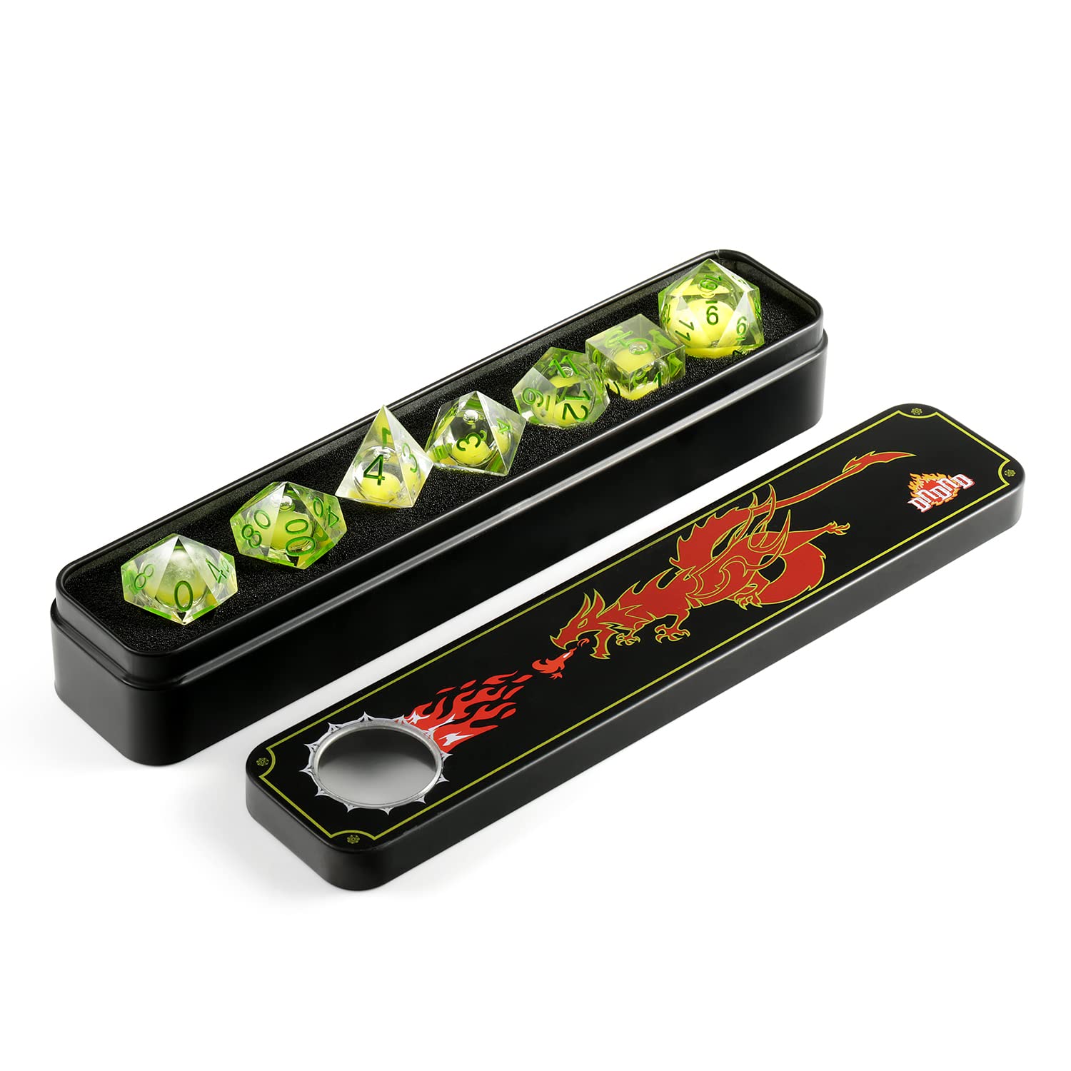 Liquid Core DND Dice Set,DNDND 7PCS Liquid Core Filled Sharp Edge D&D Dice with Gift Case for Dungeons and Dragon Game (Green Liquid)