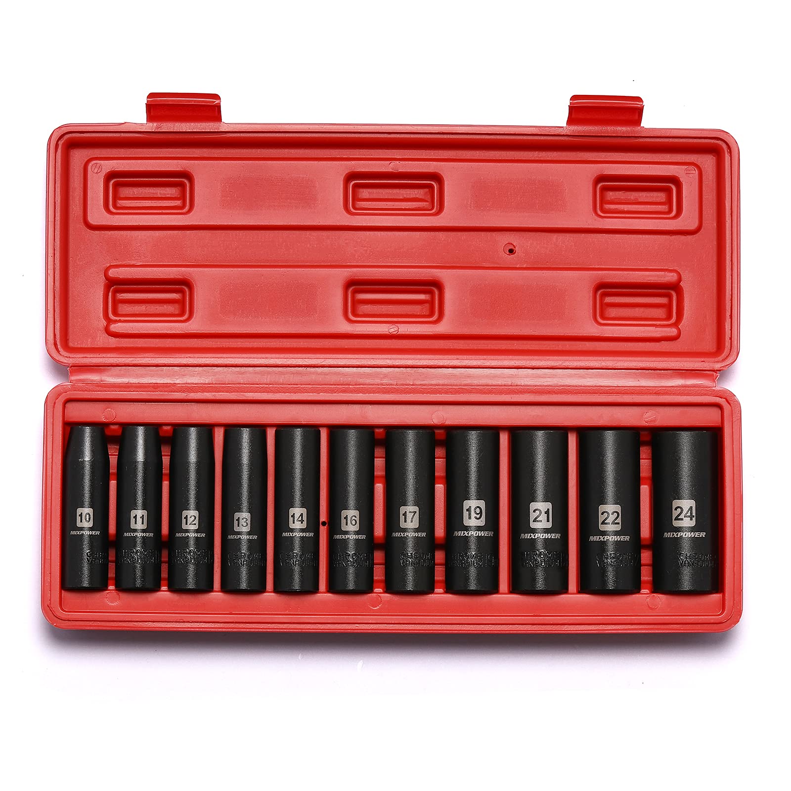 MIXPOWER 11 Pieces 1/2-Inch Drive Deep Impact Socket Set, 10-24mm, CR-V, Metric, 6 Point, Deep, 11 Pieces 1/2" Dr. Deep Metric Socket
