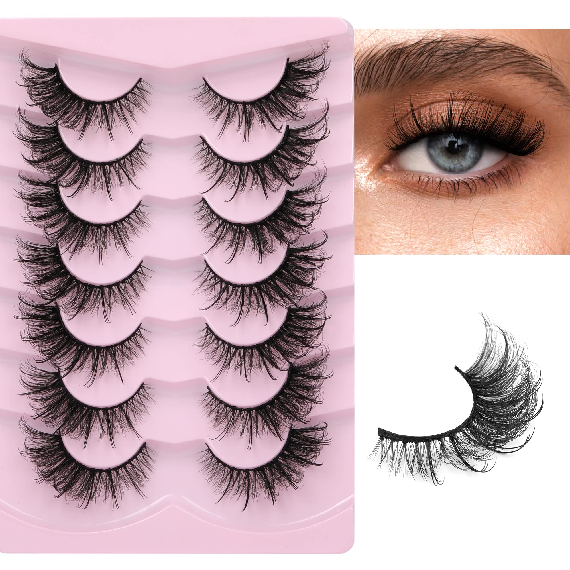 Lanflower False Lashes Fox Eye Eyelashes 8D Curl Fluffy Fairy Strip Lashes Dramatic Full Volume Faux Mink Lashes 7 Pairs