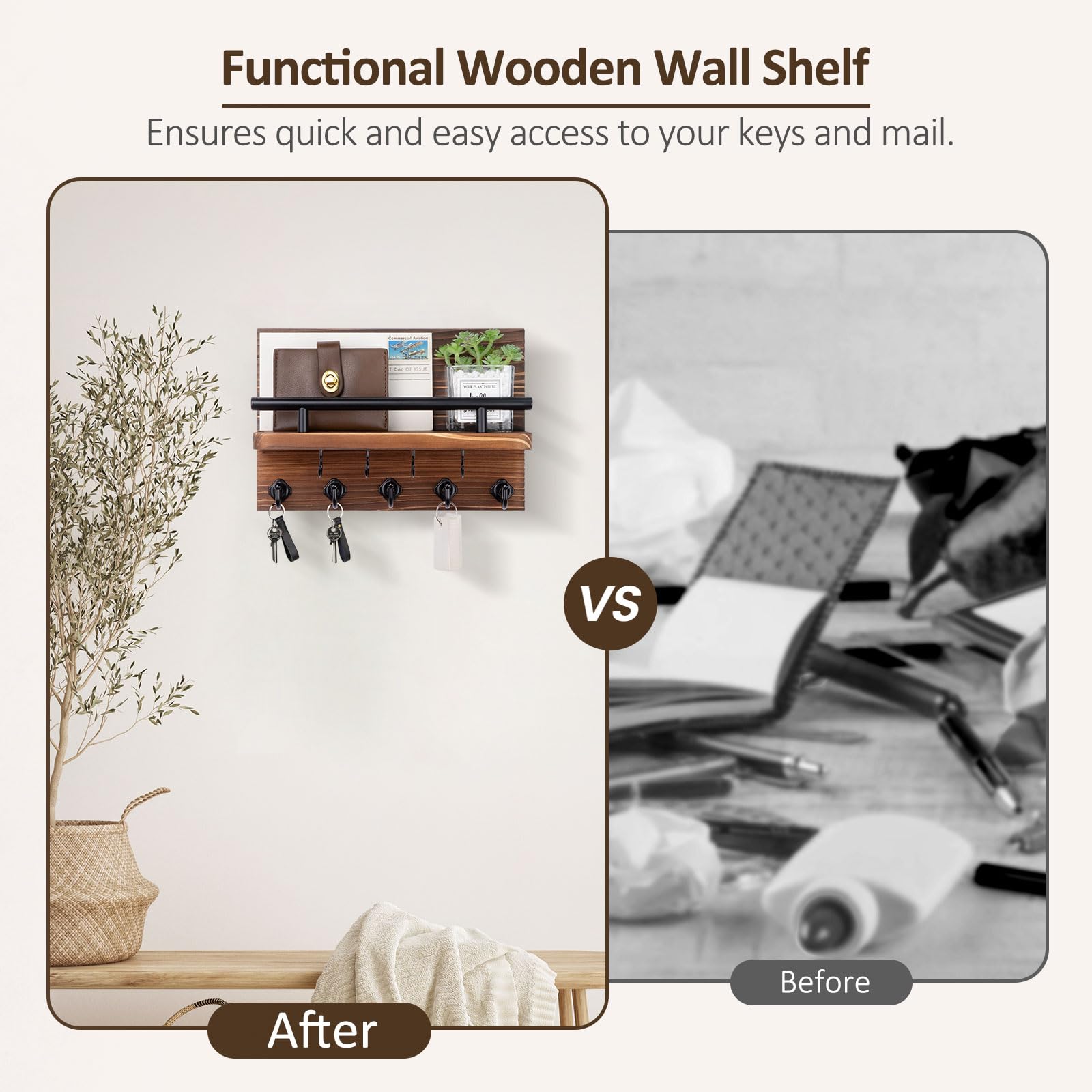 Nekon Key Holder for Wall with Shelf, Entryway Wall Organization with 9 Hooks, 9.8 Inch Wooden Key and Mail Holder with Mounting Screw Pack (Brown)