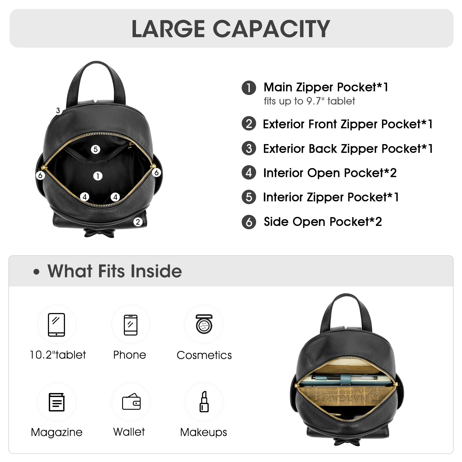 Kattee Genuine Leather Backpack Purse for Women, Anti-theft Fashion Ladies Medium 2Pcs Set Shoulder Bag, Brown