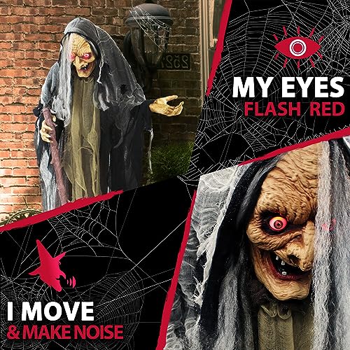 Haunted Hill Farm Life-Size Scary Poseable Talking Witch with Touch Activated Lights and Sound, Battery-Operated Indoor/Covered Outdoor Halloween Decoration