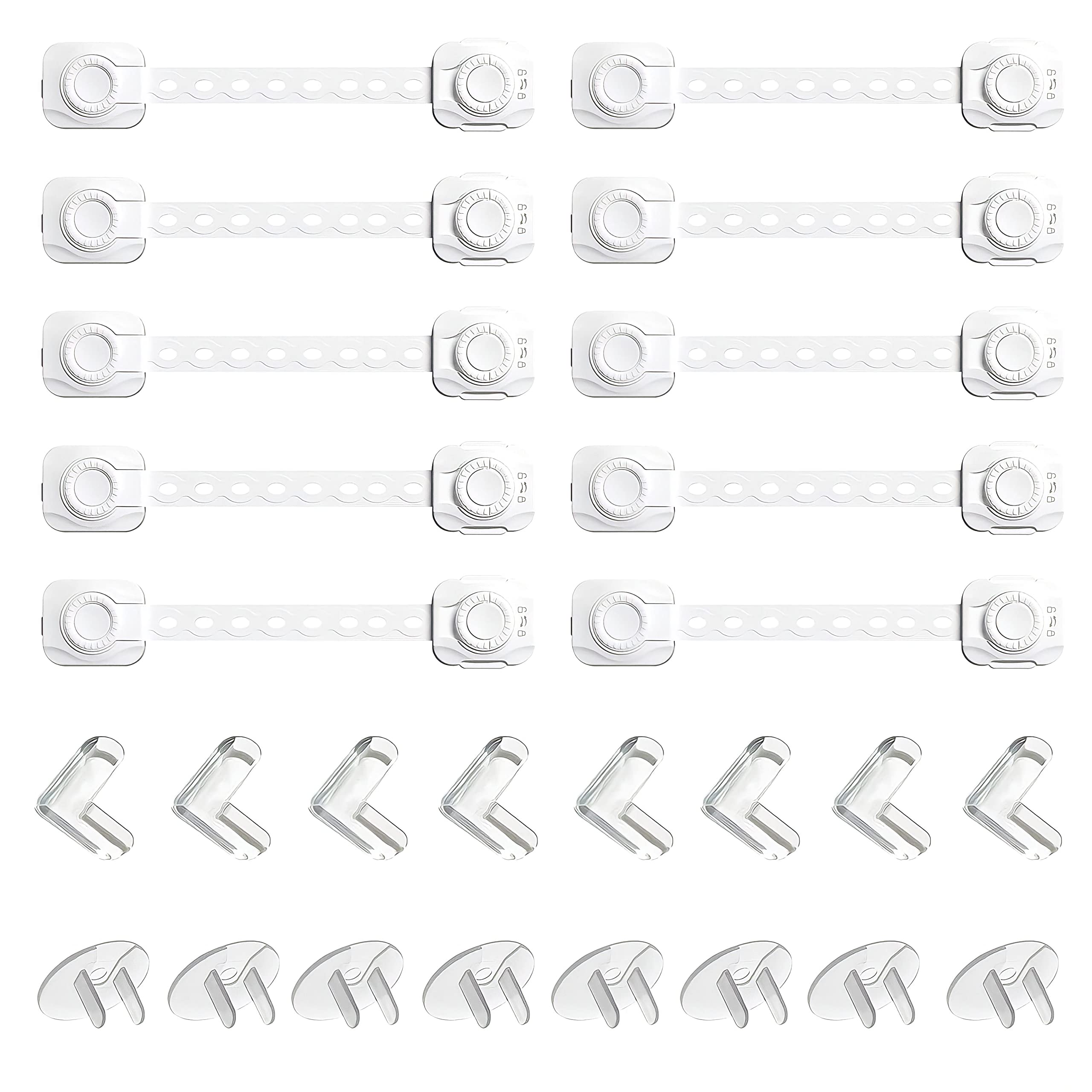 KP'S Baby Proofing Kit - 10 Child Proof Cabinet Locks for Babies - 8 Baby Proofing Outlet Covers - 8 Corner Protector Baby - Extra 10 + 12 Adhesives - 26 Pack (White)
