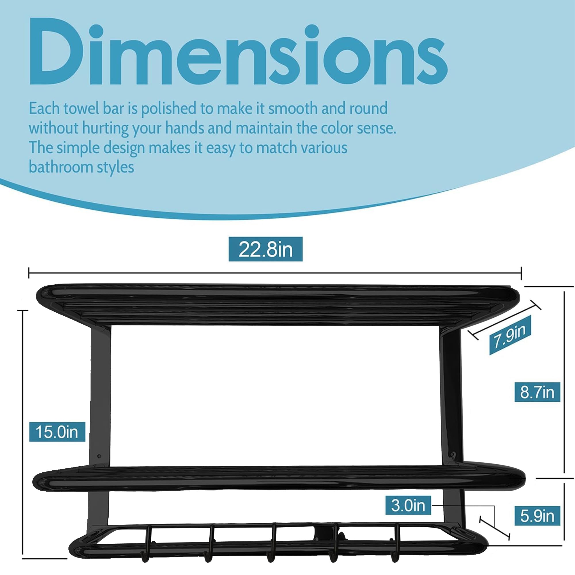 Satin Polished 3-Tier Towel Rack | BATH ESSENCE 24'' Wall-Mounted Bathroom Towel Shelf with Bar & 5 Hooks | Rust-Proof Stainless Steel Towel Hanger & Organizer | Space-Saving Storage