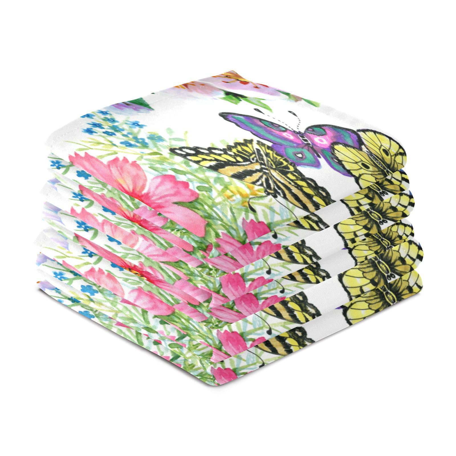 Kigai Colorful Flowers Butterfly Kitchen Towels, 18 x 28 Inch Super Soft and Absorbent Dish Cloths for Washing Dishes, 4 Pack Reusable Multi-Purpose Microfiber Hand Towels for Kitchen