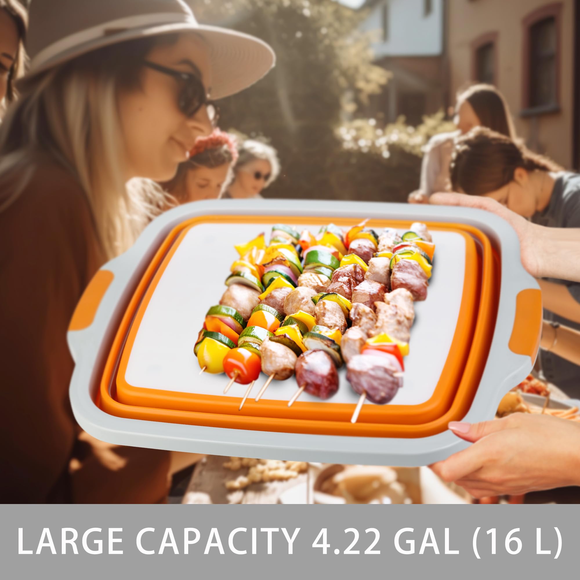Large Collapsible Cutting Board(4.22 Gal/16L), Foldable Camping Sink with Colander, BBQ Prep Tub with Lid, Multifunction Dish Basin for Kitchen, Bowl, Vegetable and Fruit, Storage Basket for Picnic