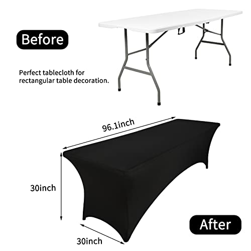 Lykoow 4 Packs 8Ft Stretch Spandex Table Cover for Standard Folding Tables - Universal Rectangular Tight Elastic Fitted Tablecloth Protector for Wedding, Banquet and Party (Black)