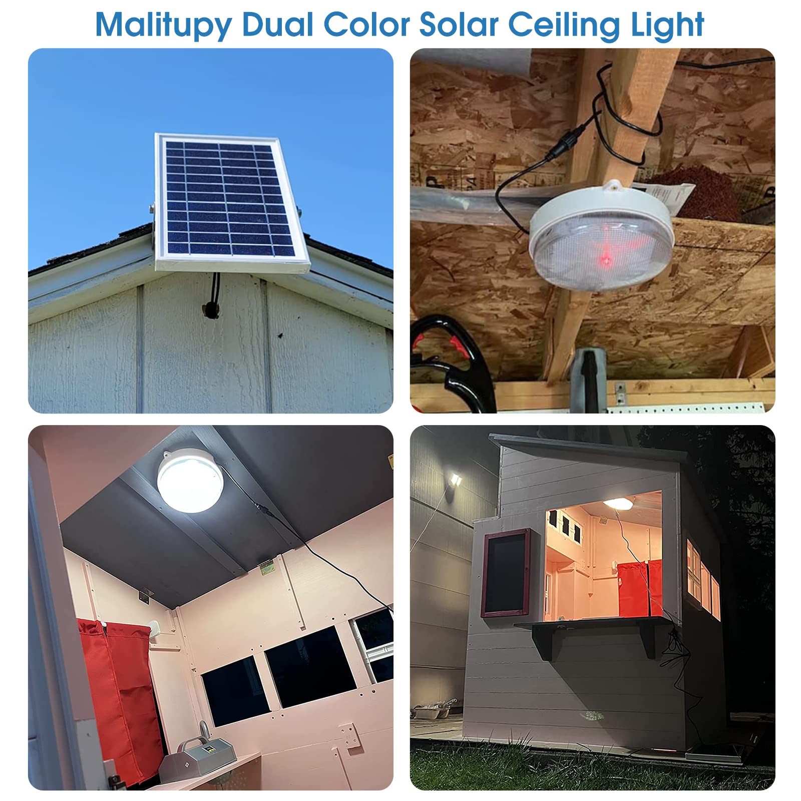 Malitupy Solar Ceiling Lights Indoor Outdoor Home, Daytime & Dimmable 1000LM Solar Shed Light with ON Off Switch & Remote, Cool/Warm White Solar Barn Light for Yard, Patio, Shop, Porch, Chicken Coop