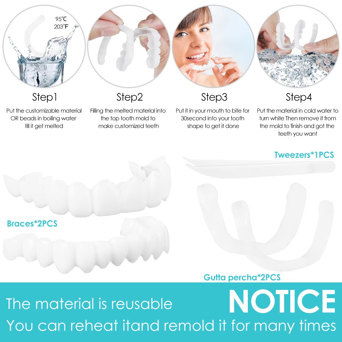 NUAHRHY Denture Braces Temporary Veneers Fake Teeth Cover Simulation Braces Cosmetic Comfortable Denture False Fake Teeth Cover Confidence Smile for Women and Men (White)