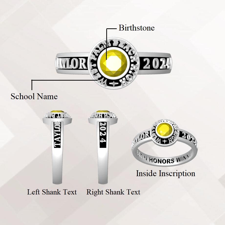 JNJ Women's Class Ring, personalized for high school and college graduates, Sterling Silver, Birthstone Class Ring, Classy collection-Jour Nouveau Jewelry (Platinum)