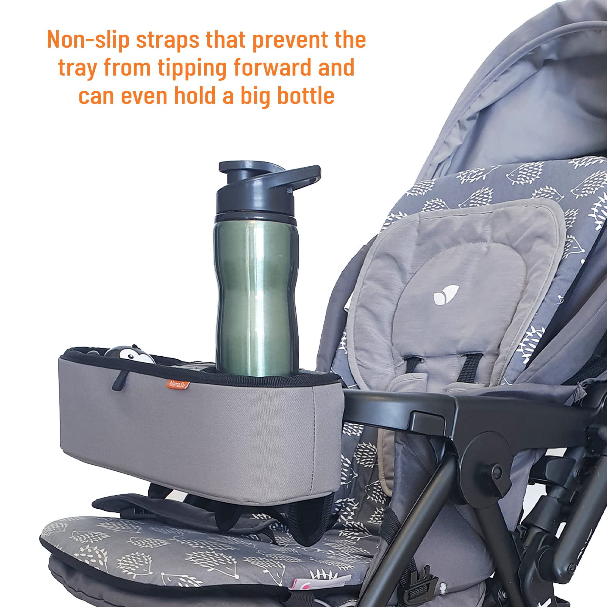 MamaSu Stroller Snack Tray - Universal stroller tray with Insulated Sippy Cup Holder - Non-Slip Straps - Universal Stroller Snack Tray Attachment Fits Most Types of Strollers (MS0922)