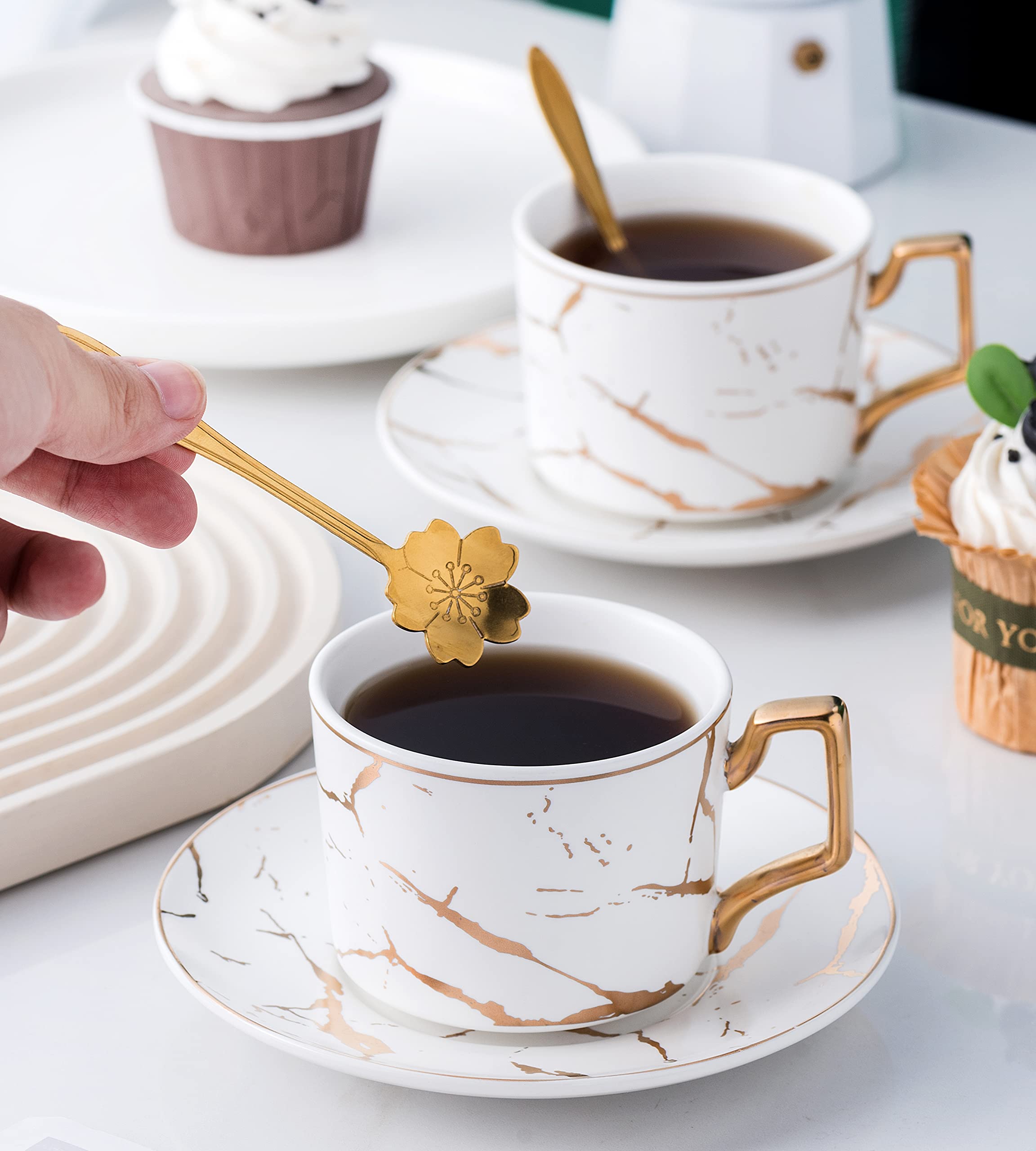 Jusalpha Serve of 4- Hand Printed Golden Matte Ceramic Marble Tea Coffee/Tea Cups with Spoons and Cup Holder, 7OZ -TCS26 (White/Gold, Serve of 4)