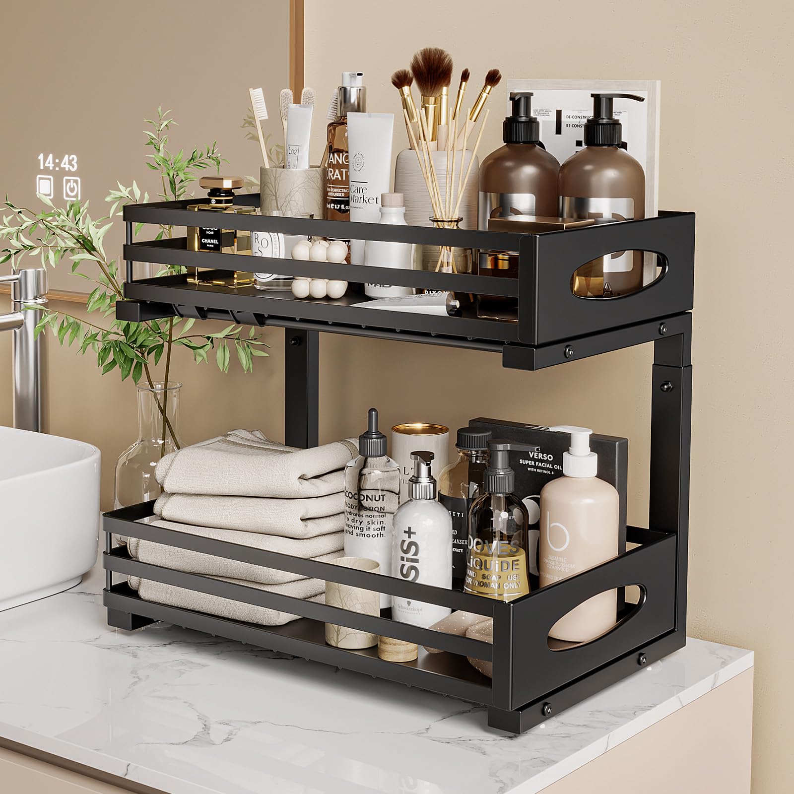 mixeshop Under Sink Organizer, 2 Pack Pull Out Cabinet Organizers, Slide Sink Steel Shelf Cabinet Storage Shelves, Under Sink Storage for Kitchen Bathroom Cabinet, Black