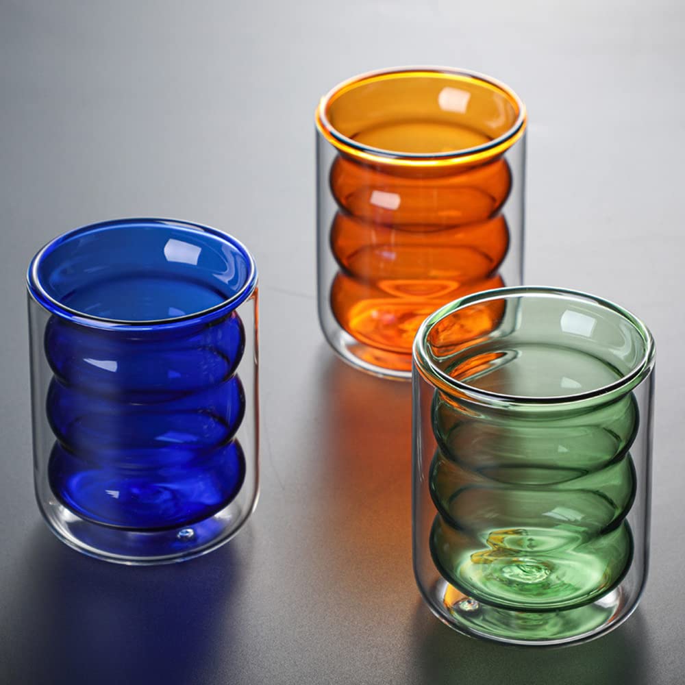 JstDoit Double Wall Glass Espresso Cups, Insulated Glass Coffee Mug Creative Drinking Glasses Ripple Glassware for Hot Beverages, Water, Juice, Coffee, Latte, Cappucino 200ML/6.76oz (Brown)