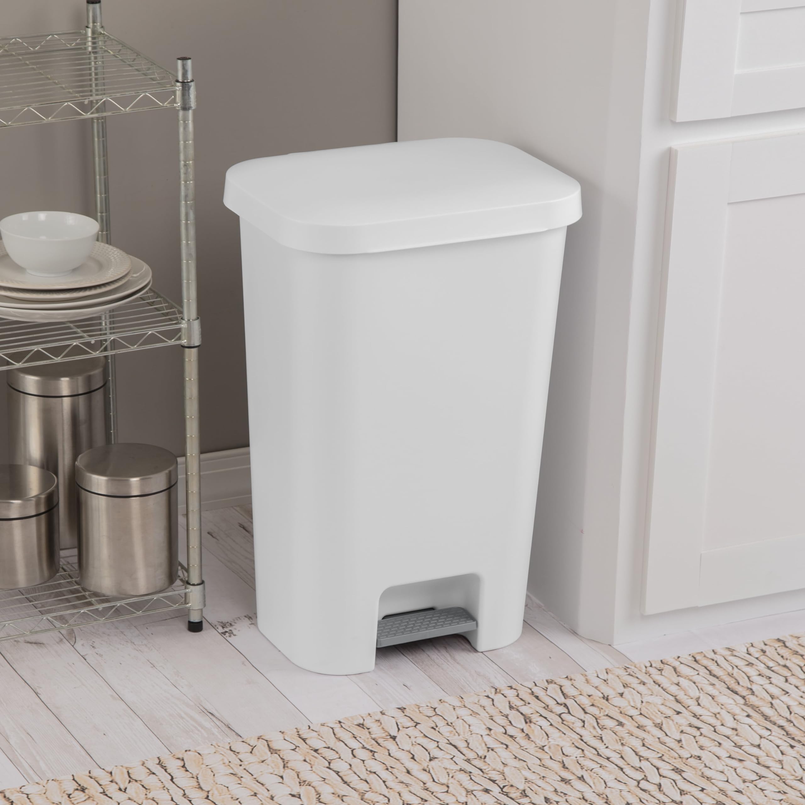 LXQMCT11.9 Gallon / 45 Liter StepOn Plastic Trash Can, Plastic Wastebasket Garbage Bin for Kitchen,Home, Bedroom, Bathroom,Office & Slim Space-Saving, White