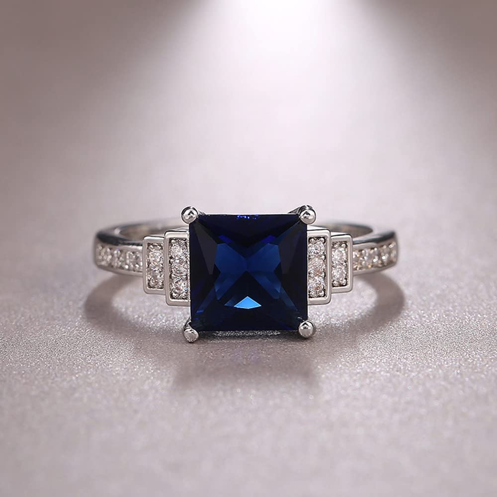 Koguxuix 14K White Gold Plated Sterling Silver Perfect Princess Cut Blue Sapphire Round Clear CZ Crystal Diamond Women's Engagement Ring (Size 8)