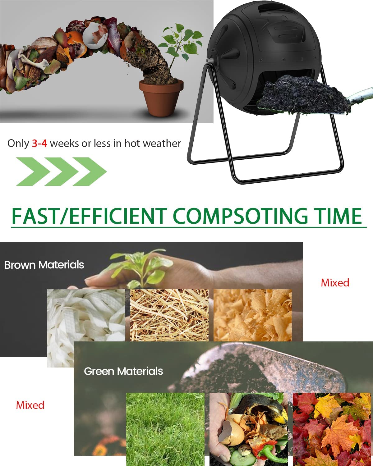 Multifunction Garden Tumbling Composter, Heavy-Duty Fast-Working Compost Bin with Easy-to-use Drain Plugs to Collect Liquid,Black