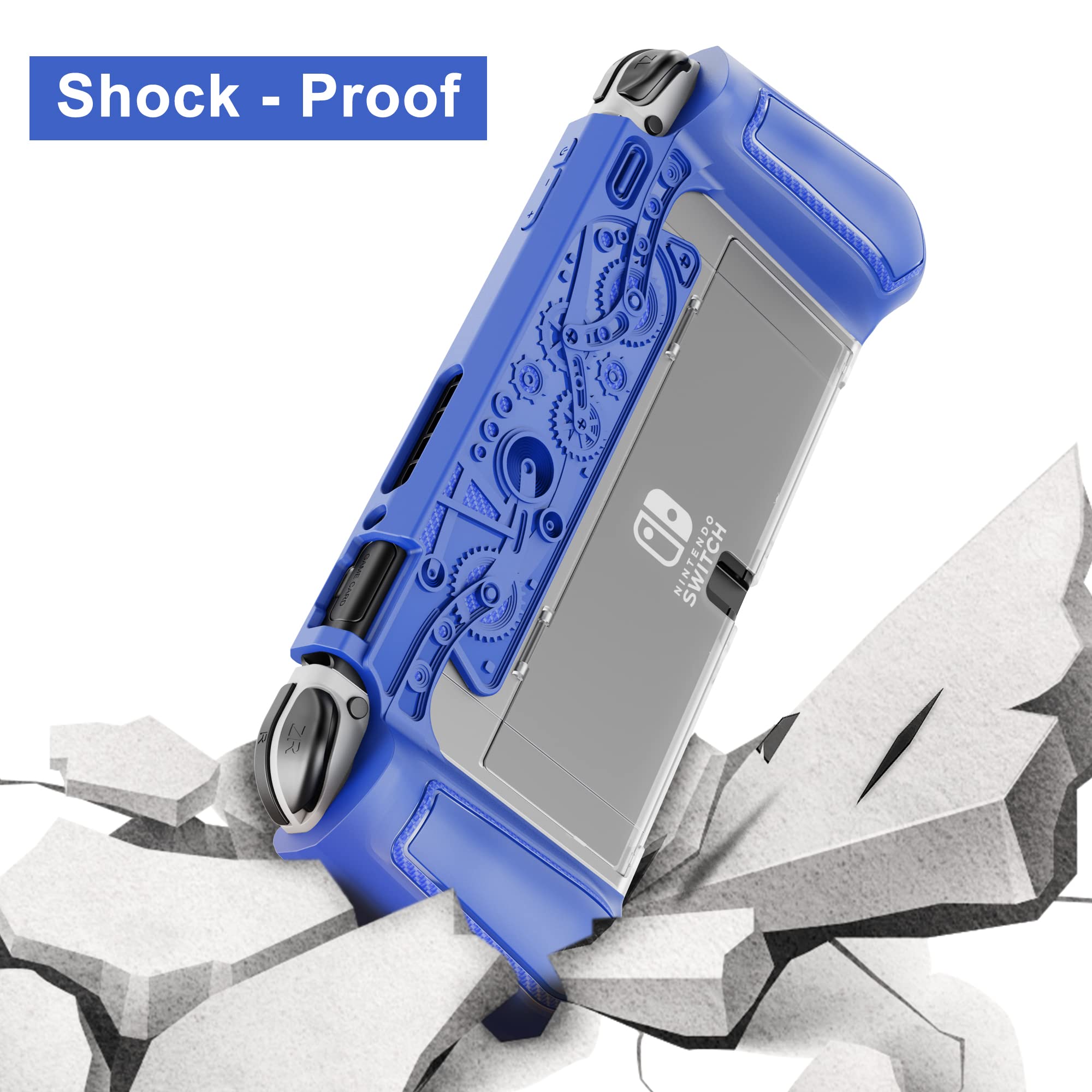 LEYUSMART Switch OLED Case (Ergonomic/Full Protection/Shock-Absorption/Anti-Scratch) Gift Glass Screen Protector & Thumb Caps, Nintendo Switch OLED Case Blue Nintendo Switch Cases