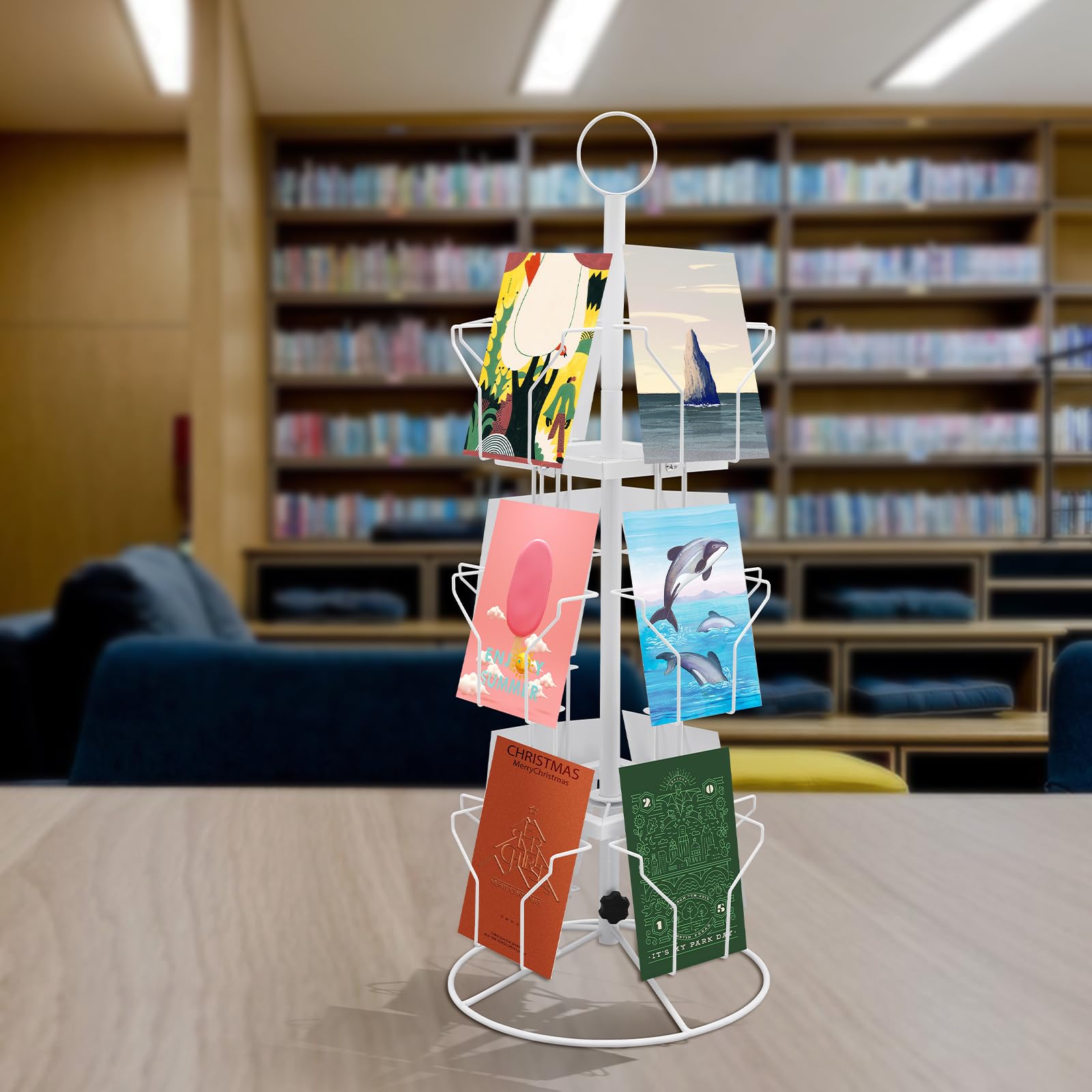 LOHISHILO 12 Pockets Countertop Rotating Greeting Card Rack 3 Tier Metal Display Stand Spinning Floor Stand Pocket Rotating Holder for Stickers Showcase, Classrooms, Offices, Libraries (White)