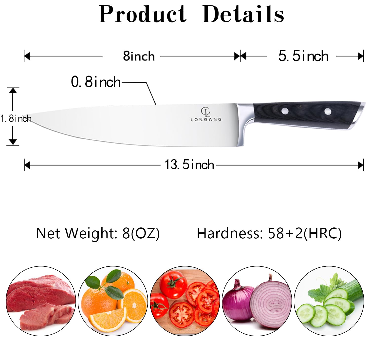 Longang 8 Inch Chef Knife Kitchen Utility Knife, German High Carbon Stainless Steel Professional Meat Knife with Gift Box for Family & Restaurant