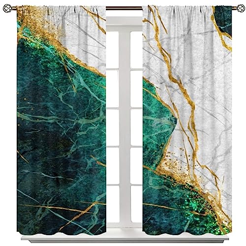 Marble Blackout Curtain,Ombre Emerald Green Golden Texture Backdrop Drapes,Rod Pocket Insulated Window Curtains for Living Room Bedroom Kitchen,42x45in