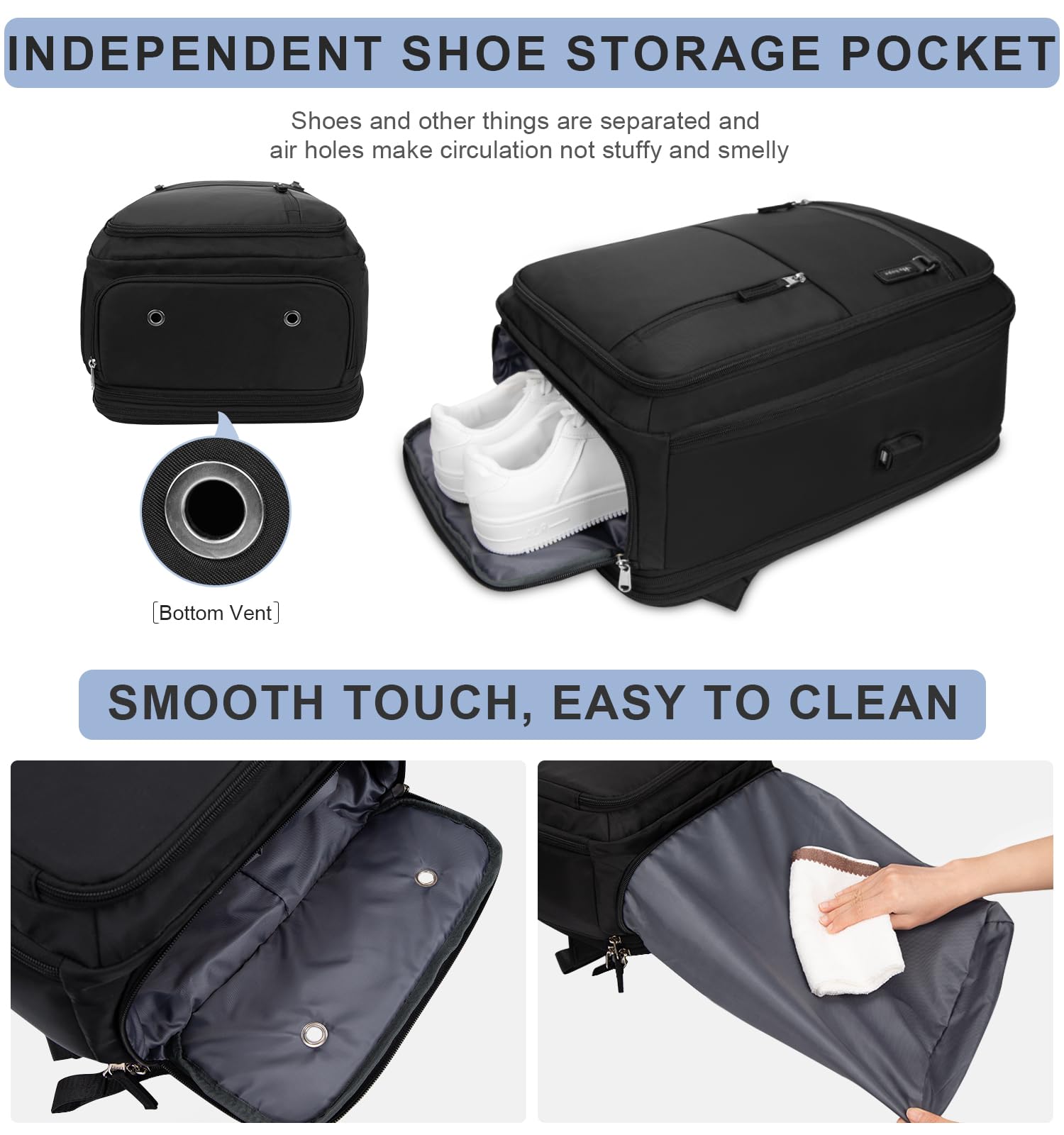 Hp hope Travel Backpack for Women Men, Expandable Airline Approved Carry On Backpack Flight Approved, Waterproof Hiking Weekender Backpack with USB Charging Port & Shoes Compartment, Black