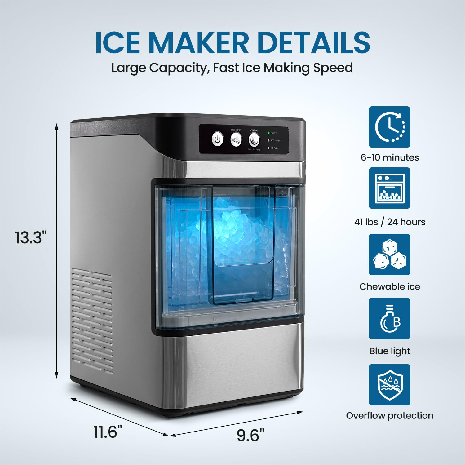Nugget Ice Maker Coutertop,Chewable Soft Ice Maker Machine,Ready in 6 Mins,41Lbs per Day,Table Top Ice Cube Maker for Home, Self-Cleaning,Stainless Steel,Ideal for Parties, Kitchens, Bars, Offices