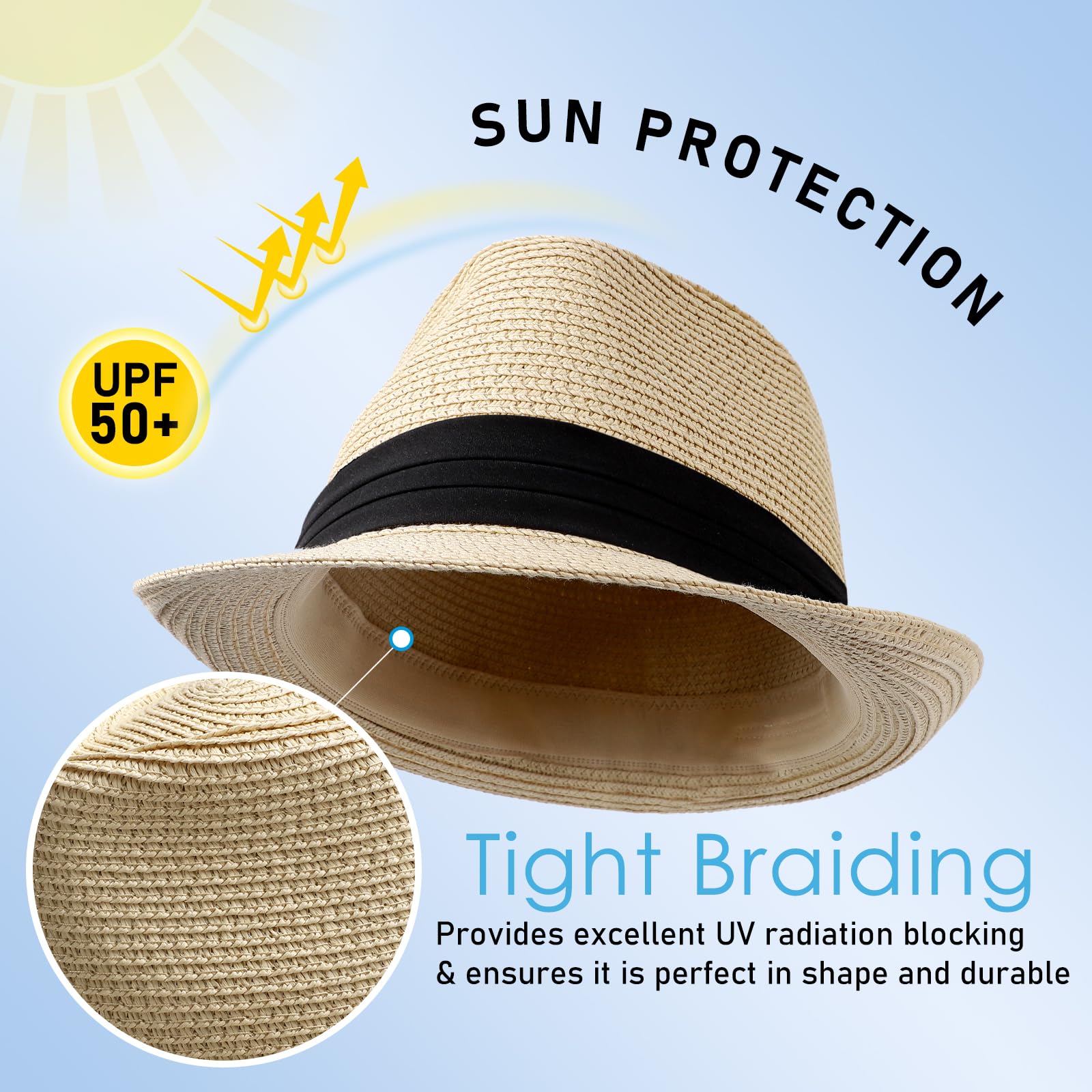 Lvaiz Womens Straw Hat Short Brim Panama Fedora Beach Sun Trilby Hat for Vacation Gentlemen Roll Up Summer Hat, Beige L