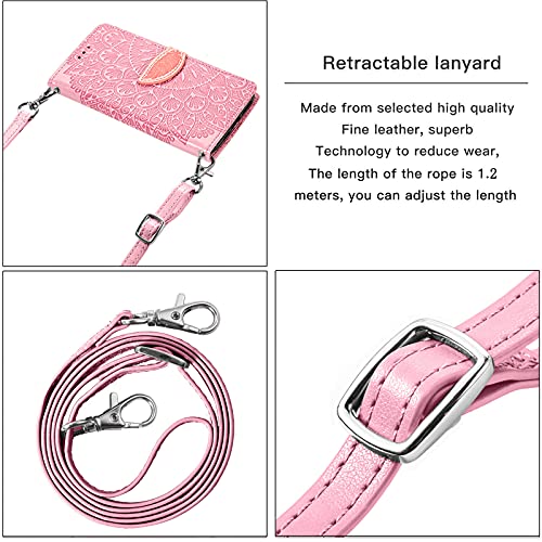 ONV Wallet Case for Oppo A57 5G 2022-1.5M Adjustable Strap Emboss Feather Flip Phone Case Card Slot Magnet Leather Shell Flip Stand Cover for Oppo A57 5G 2022 [MZY] -Pink