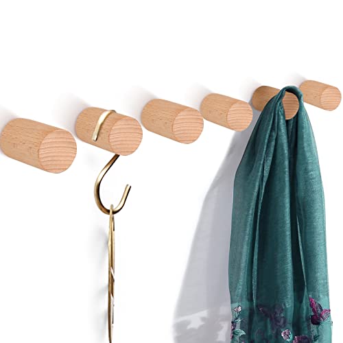 LYOOmaLL Wood Wall Hooks, 6 Pack Natural Walnut Wood Coat Hooks Wall Mounted | Rustic Wooden Hooks Heavy Duty Robe Hook Hat Rack | Hooks for Hanging Bathroom Towels Clothes Hanger