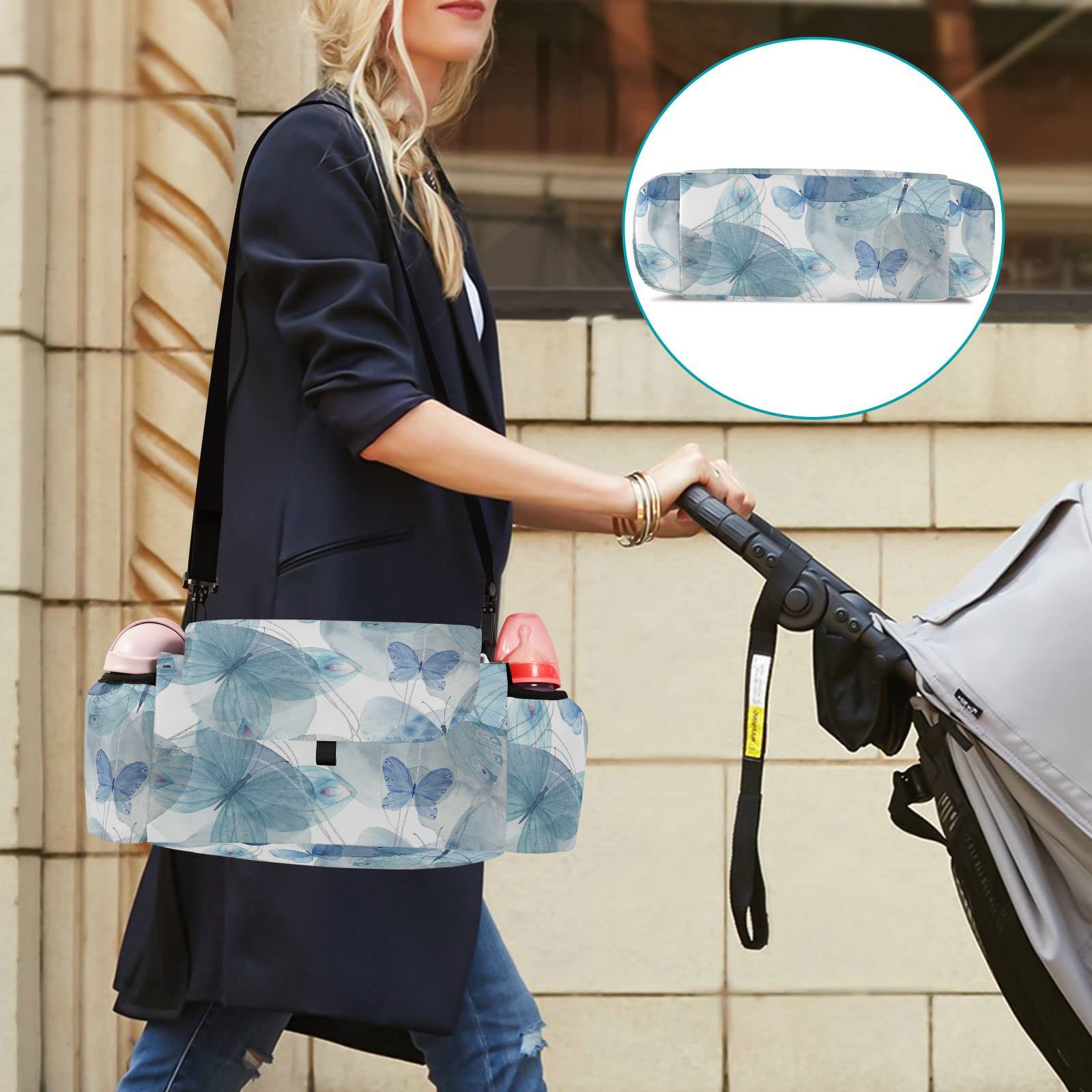 Kigai Blue Butterflies Baby Stroller Organizer with Cup Holders, Secure Hooks Accessories Adjustable Strap Stroller Bag for Bottle, Diaper, Phone, Toys, Baby Items