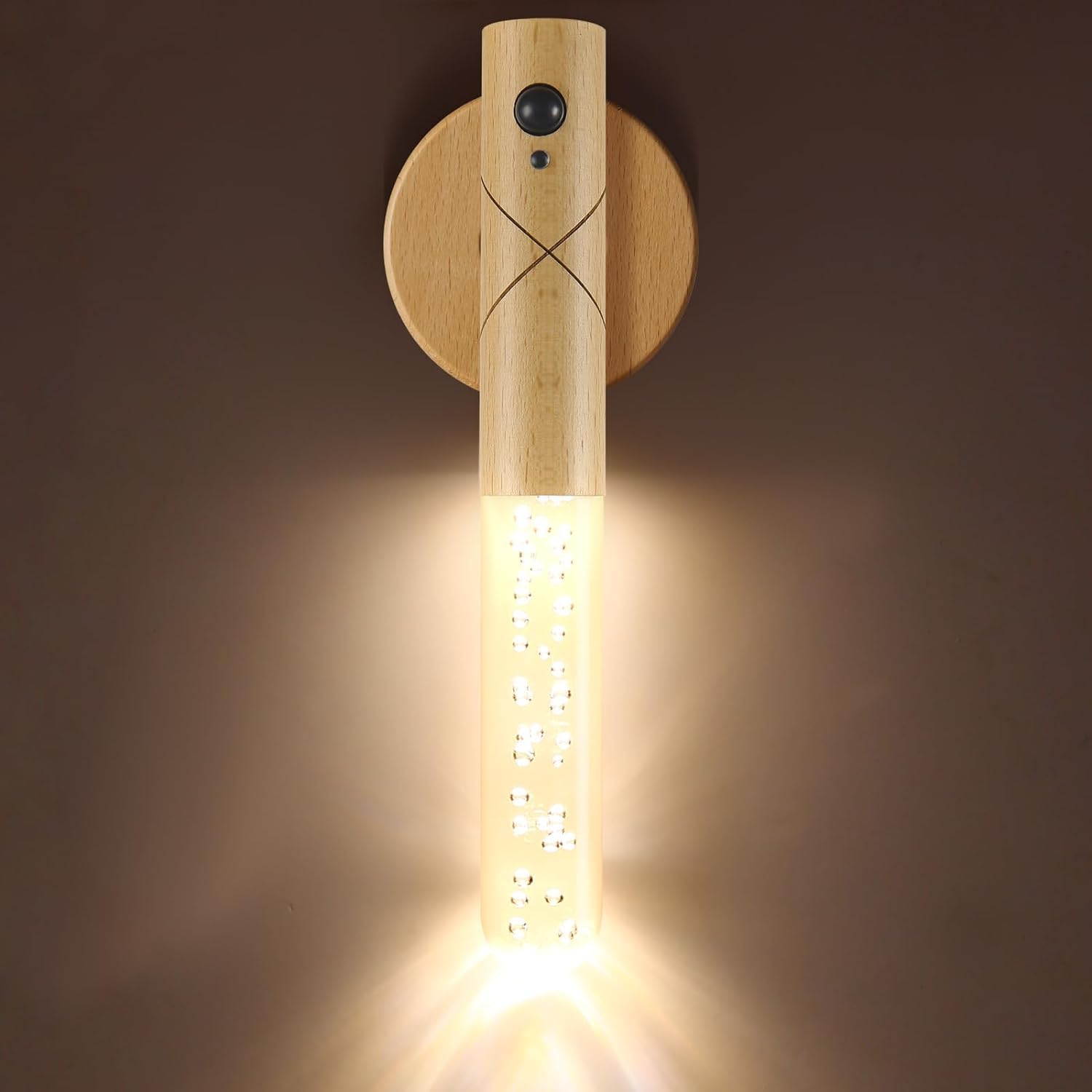 Rechargeable Starry Night Light, Wooden Motion Sensor Light Indoor, Warm White Dimmable Nightlight, Stick-On Magnet Wall Lights for Bedroom, Stair, Hallway, Kitchen