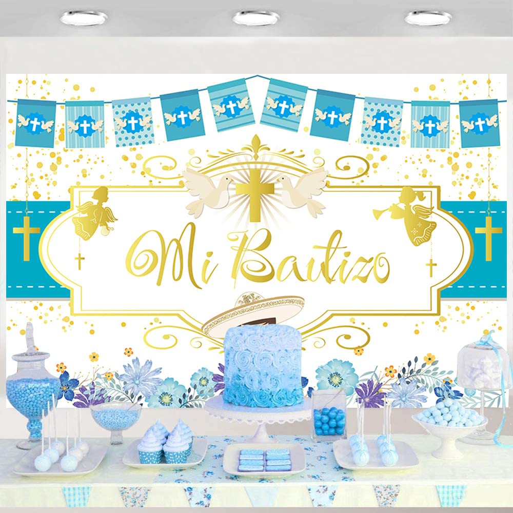 Mi Bautizo Decorations - Mi Bautizo Decorations for Boys with Baptism Backdrop Mi Bautizo Balloon Garland Kit First Communion Holy Christening Decoration God Bless Baby Shower Party Supplies