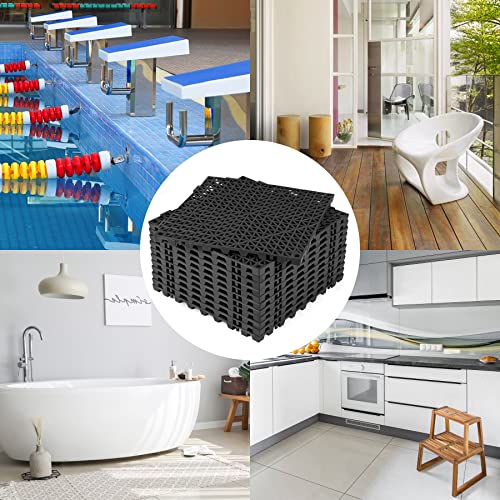 Modular Interlocking Cushion 12 Pcs 11.8" x 11.8" Interlocking Rubber Floor Drain Holes Non-Slip Splicing Drainage Mats for Deck, Shower, Kitchen, Drain Pool, Sauna Bath, Indoor Outdoor (Black)