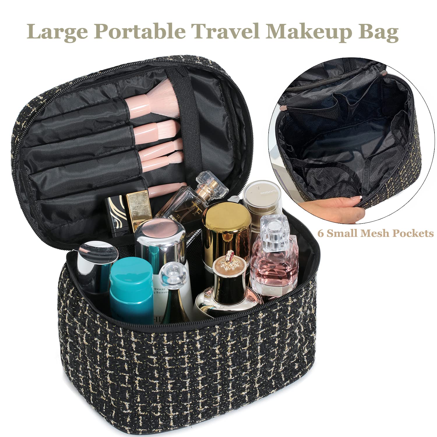 Large Portable Travel Makeup Bag - Cosmetic Bag Makeup Case Organizer for Women and Girls (Black)