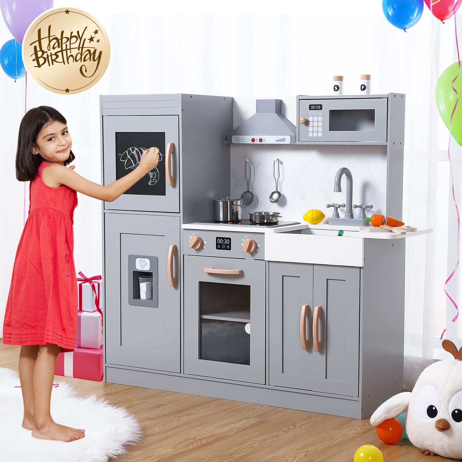 Kids Kitchen Playset, Wooden Chef Pretend Play Set with 20 PCS Cookware Accessories, Wooden Cookware Pretend with Ice Maker, Microwave, Oven, Range Hood, Sink, Real Lights & Sounds,Gray